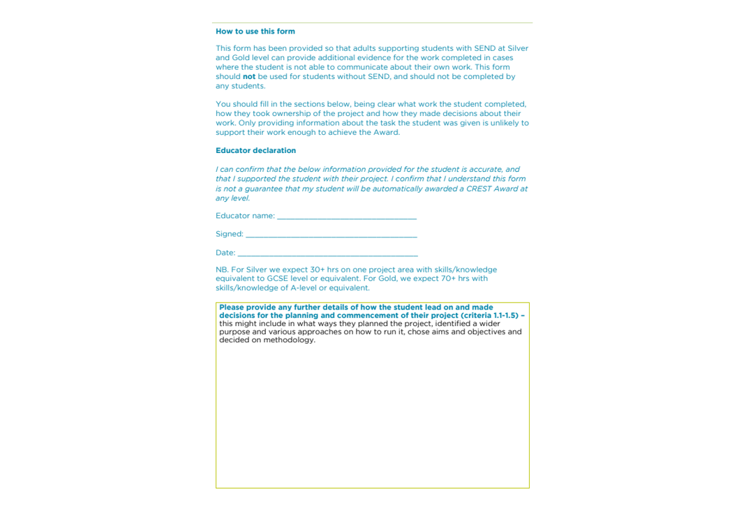 CREST Silver & Gold SEND evidence form 1 - written details | CREST Awards