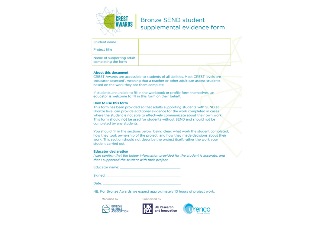 CREST Bronze SEND evidence form | CREST Awards